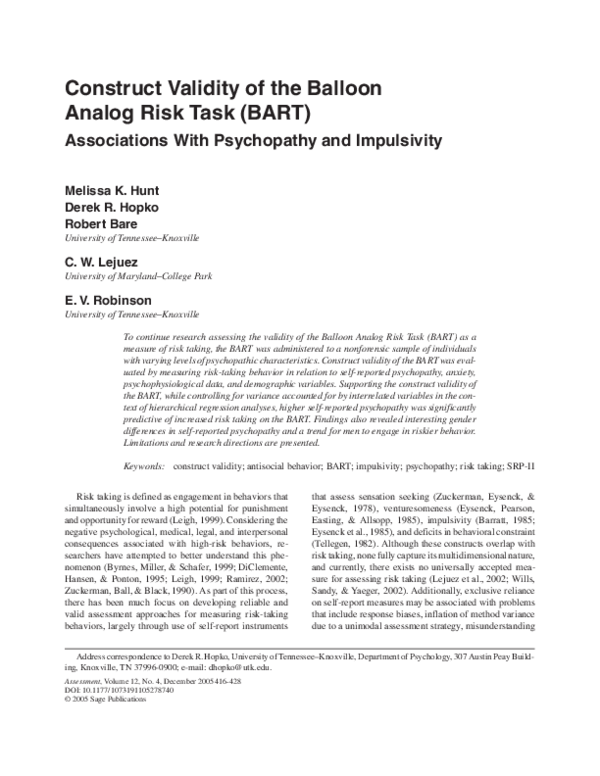 (PDF) Construct Validity of the Balloon Analog Risk Task (BART ...