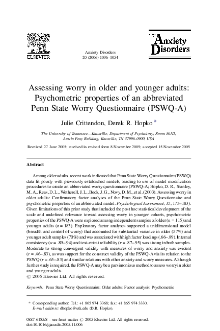 (PDF) Assessing worry in older and younger adults: Psychometric ...