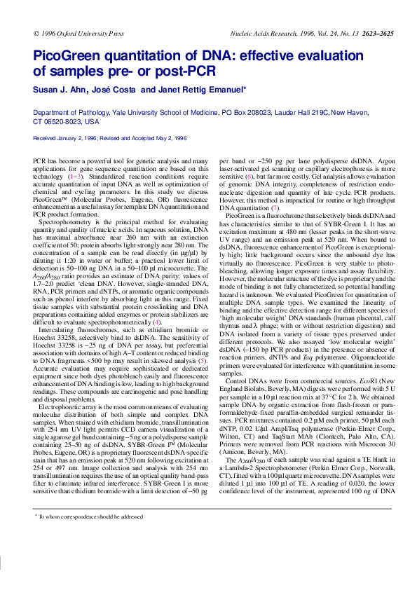 (PDF) PicoGreen quantitation of DNA: effective evaluation of samples pre- or post-PCR