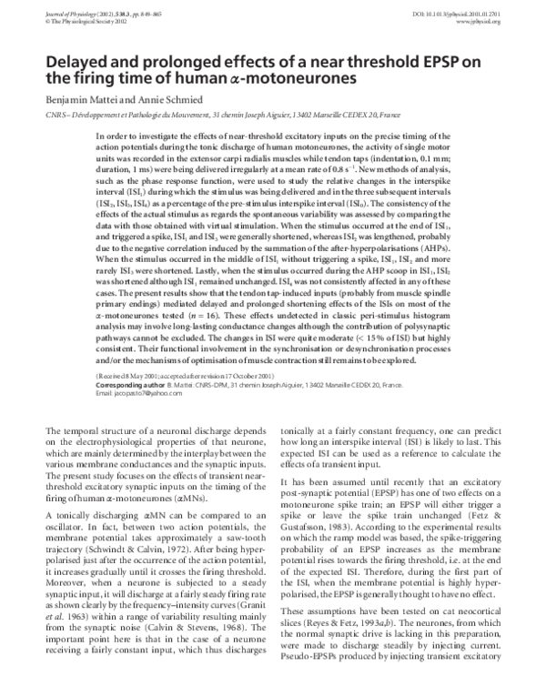 (PDF) Effects of Near-Threshold EPSP on Firing in aMNs