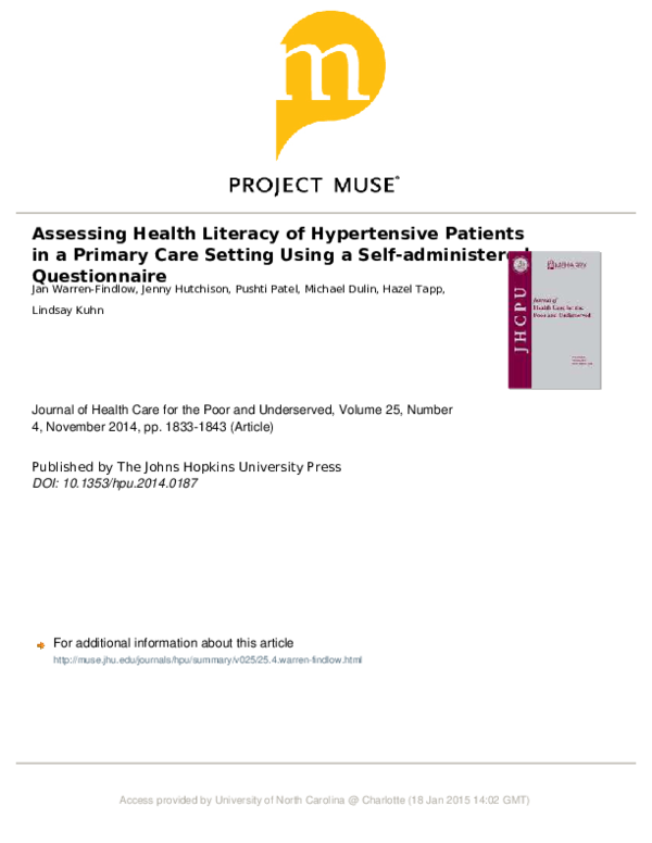 (PDF) Assessing Health Literacy of Hypertensive Patients in a Primary ...