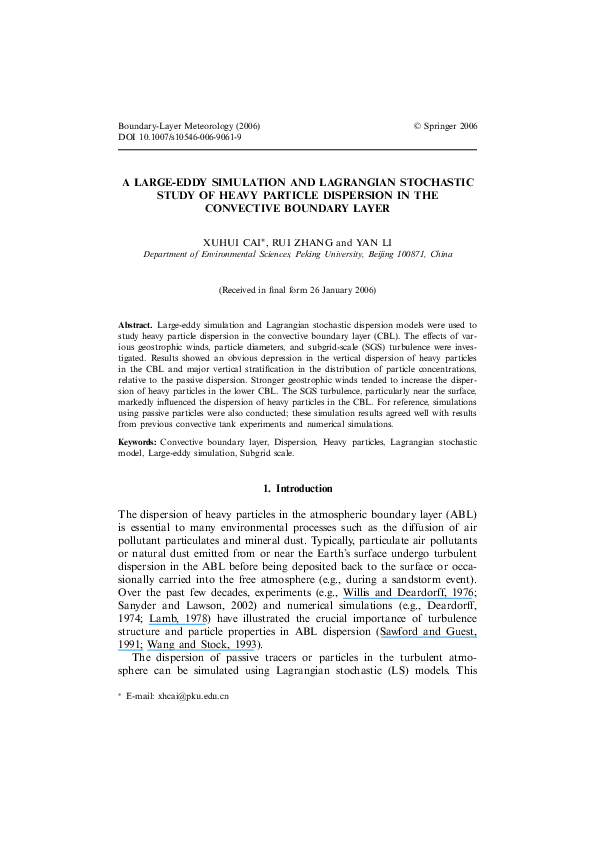 Pdf Large Eddy Simulation And Lagrangian Stochastic Modeling Of Passive Scalar Dispersion In A