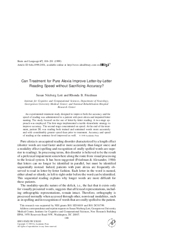 (PDF) Can Treatment for Pure Alexia Improve Letter-by-Letter Reading ...