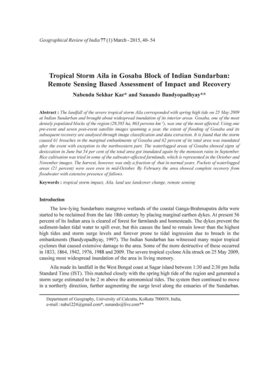 (PDF) Tropical Storm Aila in Gosaba Block of Indian Sundarban: Remote ...