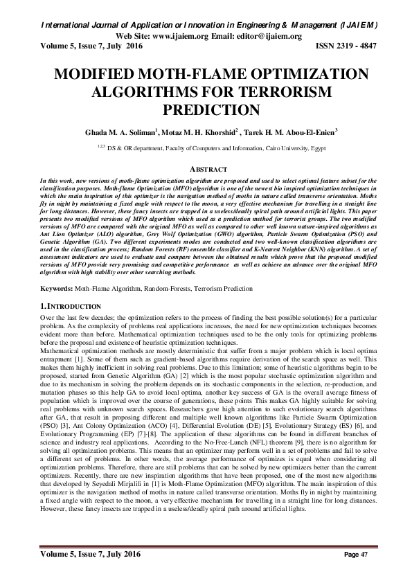 Modified Moth Flame Optimization Algorithms For Terrorism Prediction Ghada Tolan 