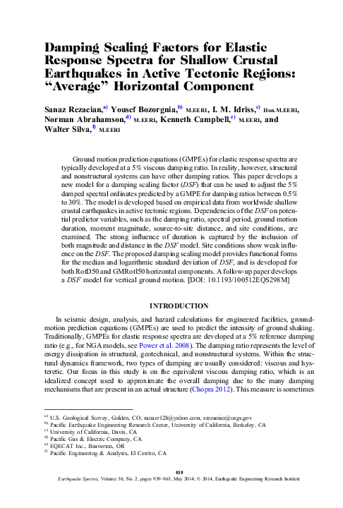 Pdf Damping Scaling Factors For Elastic Response Spectra For Shallow Crustal Earthquakes In