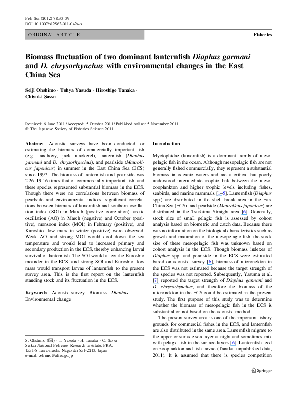 (PDF) Biomass fluctuation of two dominant lanternfish Diaphus garmani ...