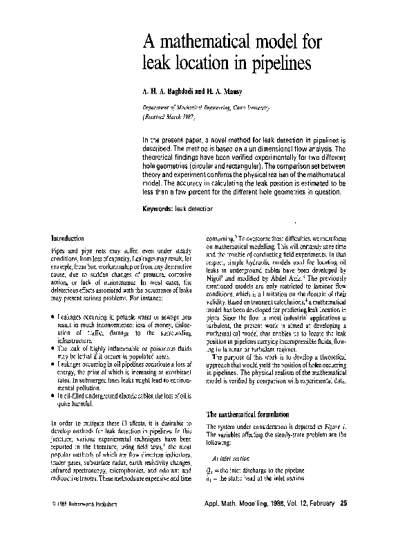 (PDF) A mathematical model for leak location in pipelines