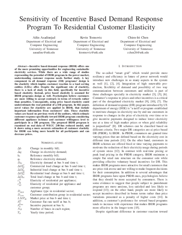 (PDF) Customer Elasticity in Incentive Based Demand Response