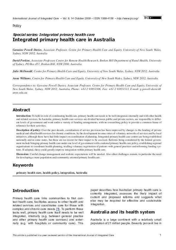 (PDF) Integrated primary health care in Australia