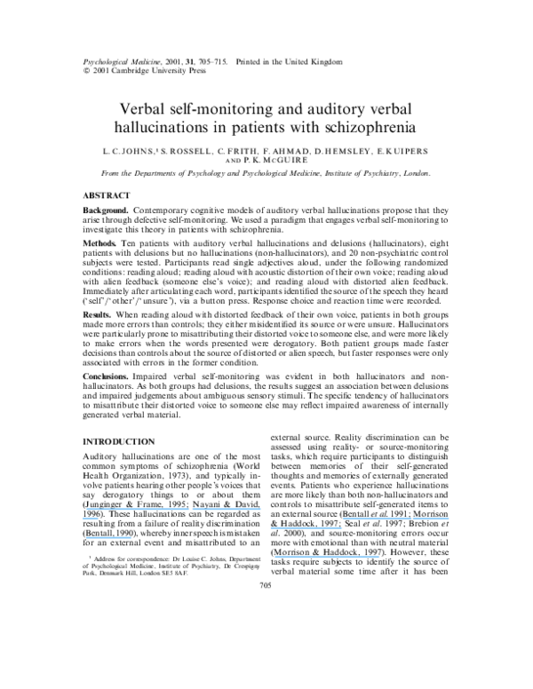 (PDF) Verbal self-monitoring and auditory verbal hallucinations in patients with schizophrenia