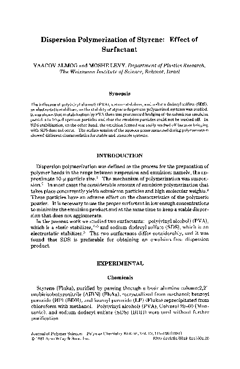 (PDF) Dispersion polymerization of styrene: Effect of surfactant