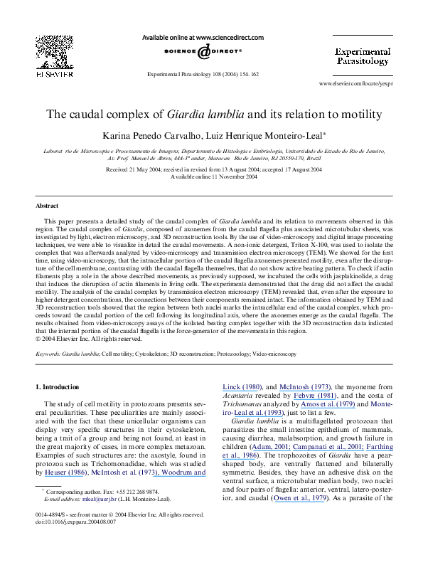 (PDF) The caudal complex of Giardia lamblia and its relation to motility