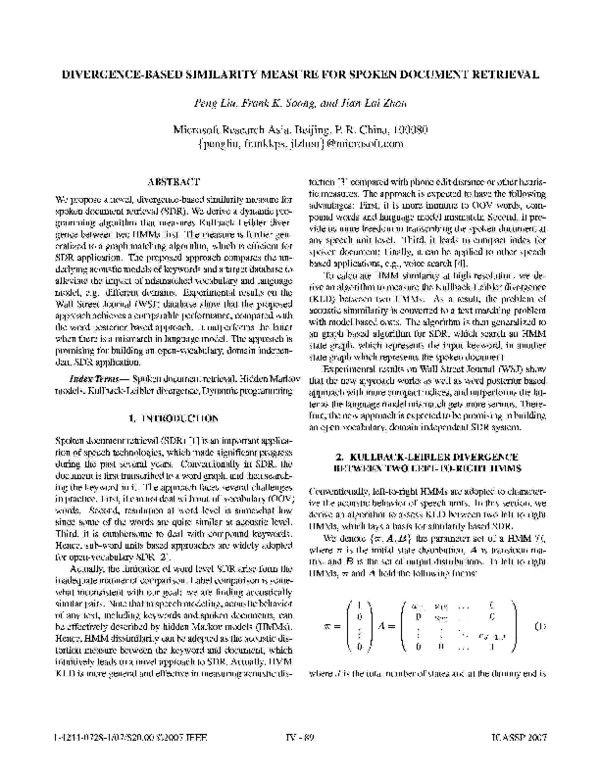 (PDF) DIVERGENCE-BASED SIMILARITY MEASURE FOR SPOKEN DOCUMENT RETRIEVAL