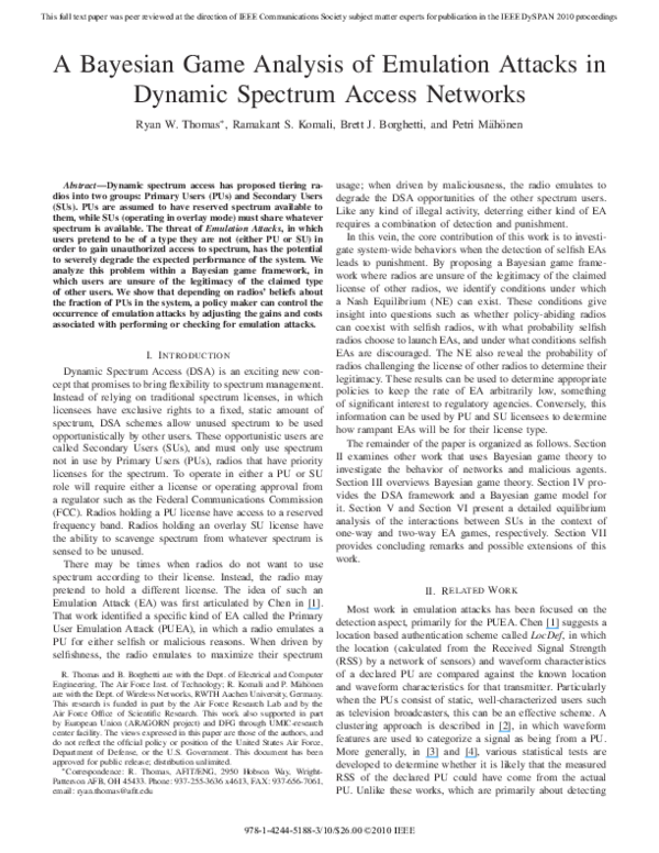 Pdf A Bayesian Game Analysis Of Emulation Attacks In Dynamic Spectrum Access Networks