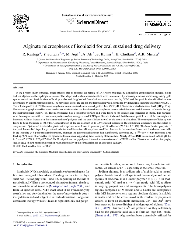(PDF) Alginate microspheres of isoniazid for oral sustained drug delivery