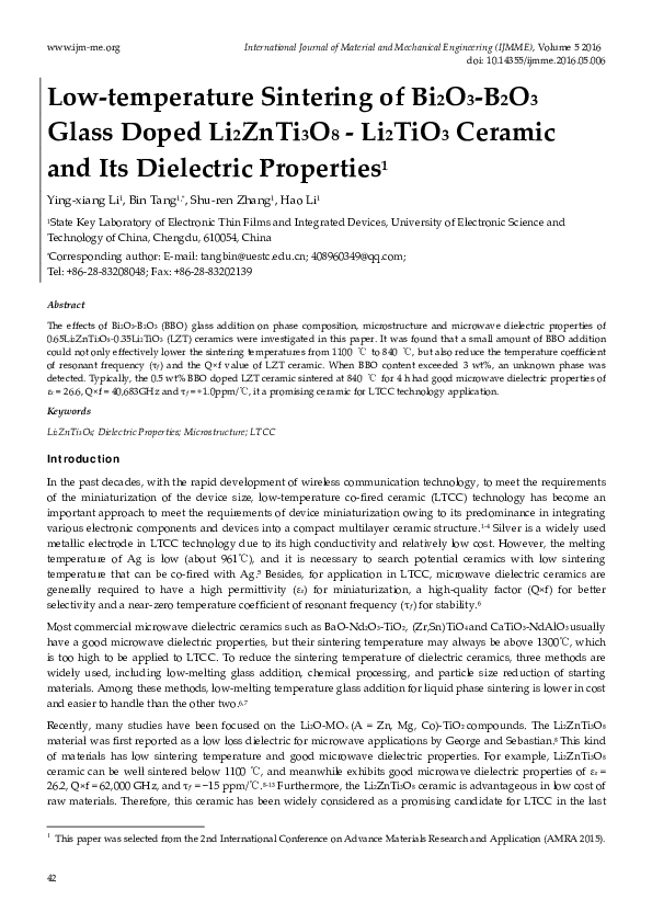 (PDF) Low-temperature Sintering of Bi2O3-B2O3 Glass Doped Li2ZnTi3O8 - Li2TiO3 Ceramic and Its ...