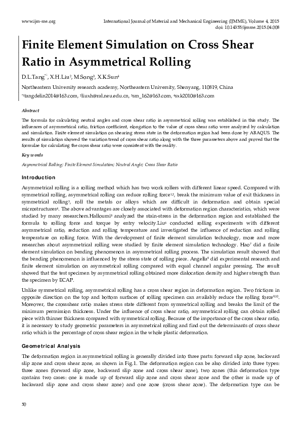 (PDF) Finite Element Simulation on Cross Shear Ratio in Asymmetrical Rolling