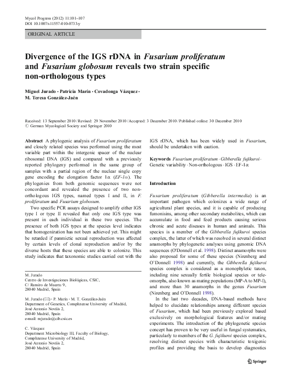 (PDF) Divergence of the IGS rDNA in Fusarium proliferatum and Fusarium ...