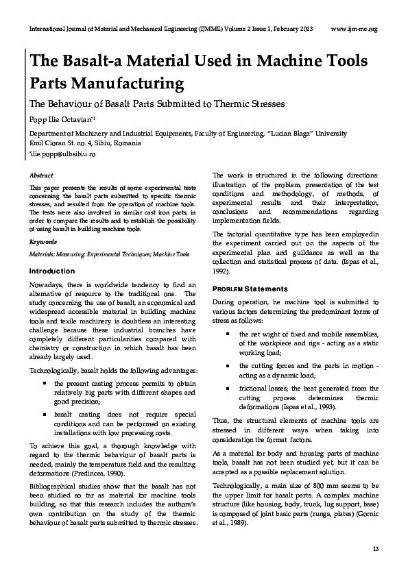 (PDF) The Basalt-a Material Used in Machine Tools Parts Manufacturing ...