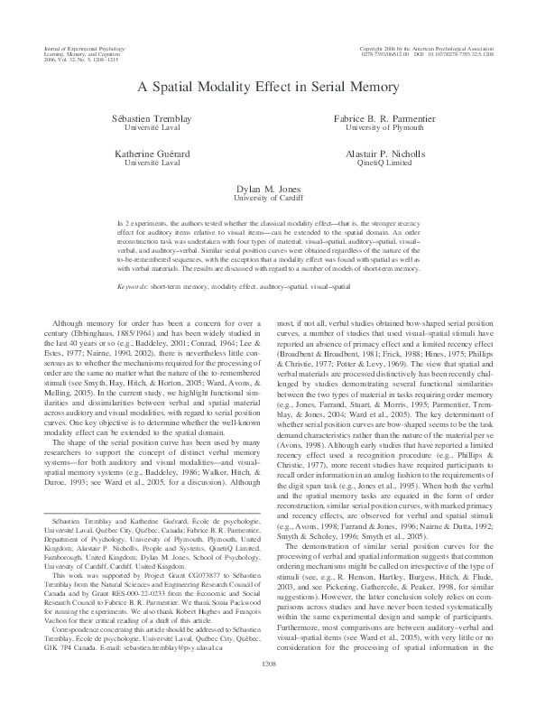 (PDF) A Spatial Modality Effect in Serial Memory