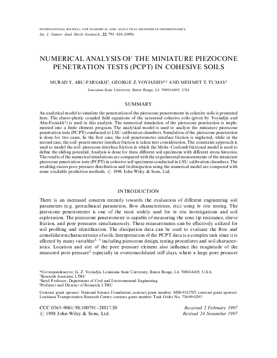 (PDF) Numerical analysis of the miniature piezocone penetration tests ...