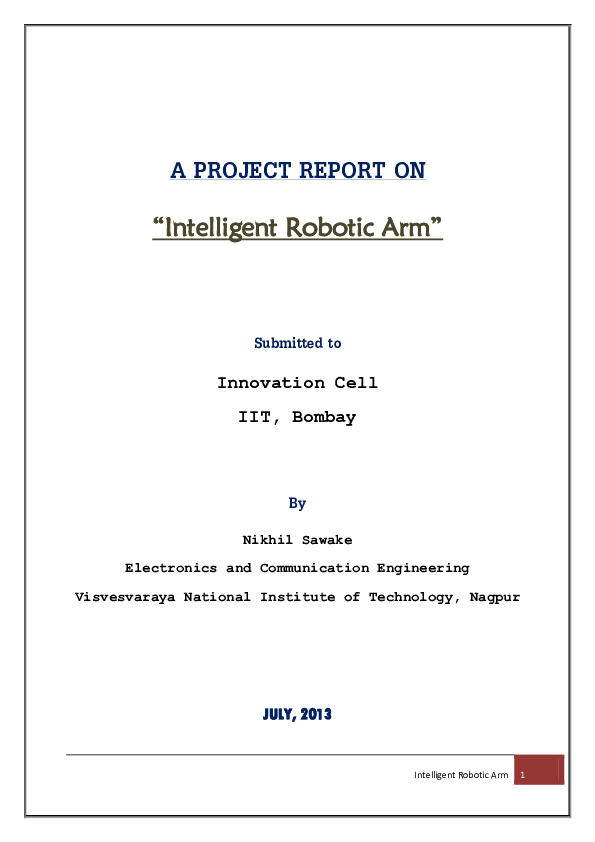 (PDF) A PROJECT REPORT ON " Intelligent Robotic Arm " Submitted to ...