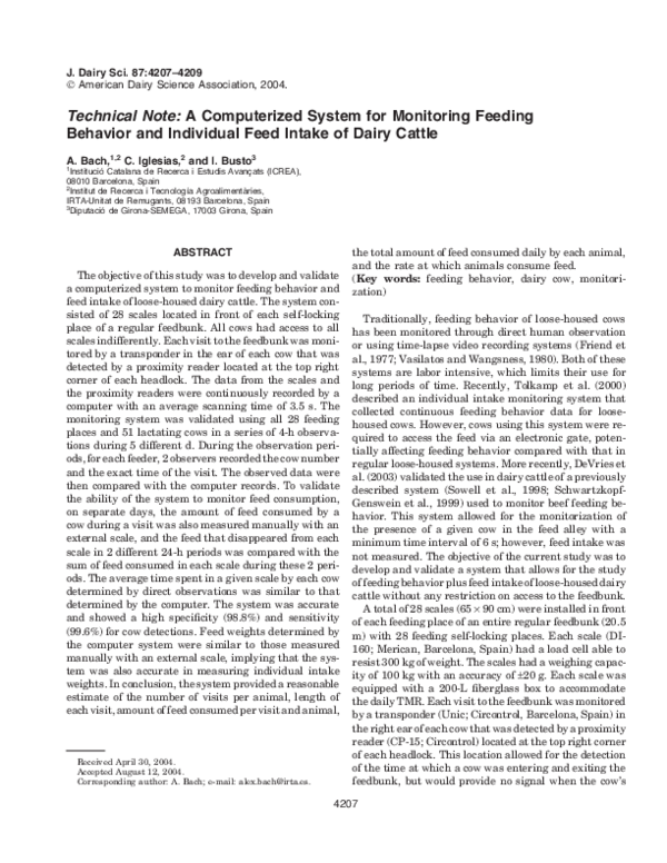 Pdf Technical Note A Computerized System For Monitoring Feeding Behavior And Individual Feed