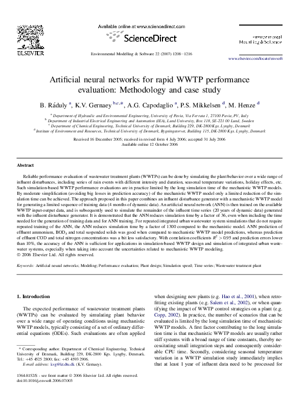 (PDF) Artificial neural networks for rapid WWTP performance evaluation ...