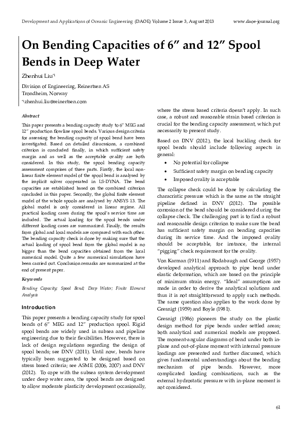 (PDF) On Bending Capacities of 6” and 12” Spool Bends in Deep Water