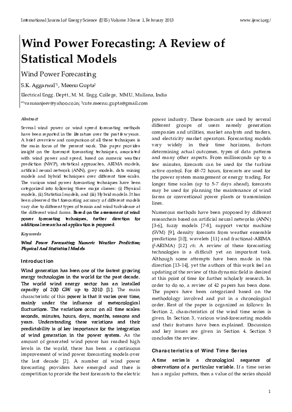 (PDF) Wind Power Forecasting: A Review of Statistical Models-Wind Power ...