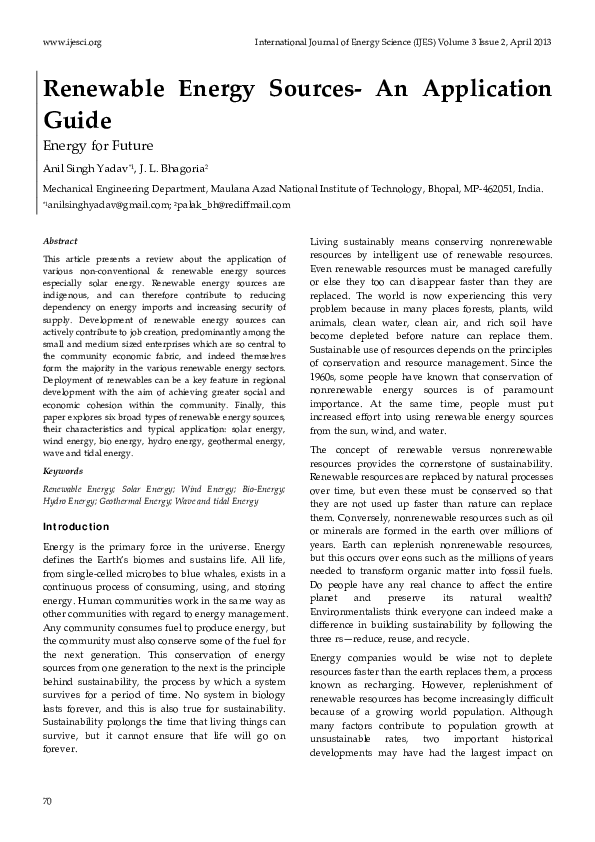 (PDF) Renewable Energy Sources- An Application Guide