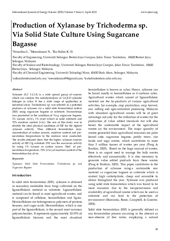 (PDF) Production of Xylanase by Trichoderma sp. Via Solid State Culture Using Sugarcane Bagasse