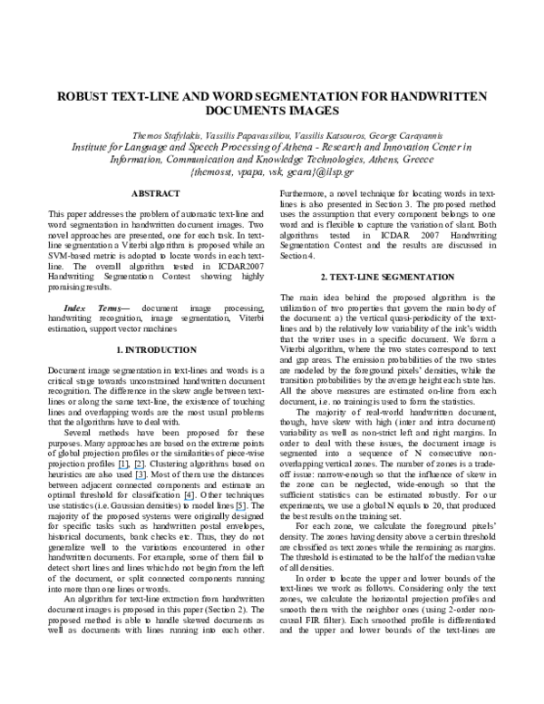 (PDF) Robust text-line and word segmentation for handwritten documents images