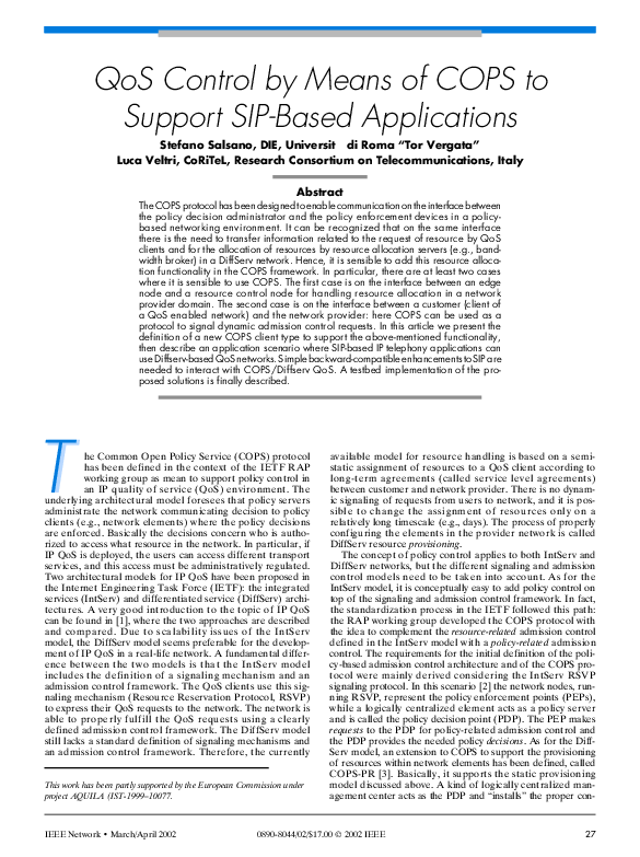 Pdf Qos Control By Means Of Cops To Support Sip Based Applications