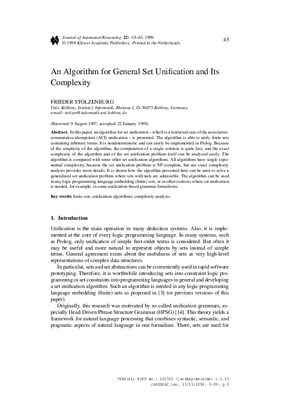 Pdf An Algorithm For General Set Unification And Its Complexity