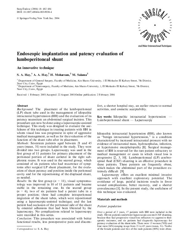 (PDF) Endoscopic implantation and patency evaluation of lumboperitoneal ...