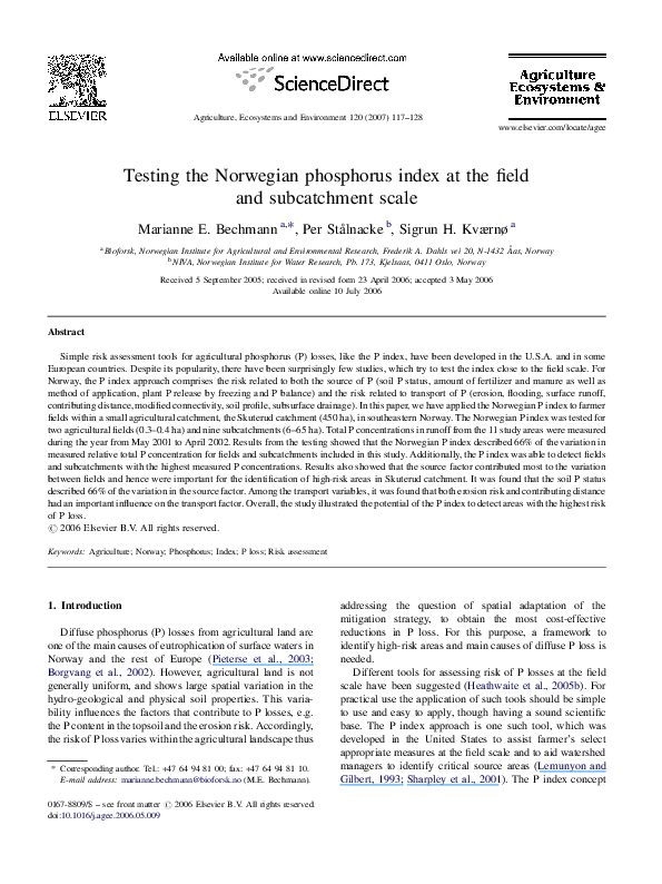 (PDF) Testing the Norwegian phosphorus index at the field and ...