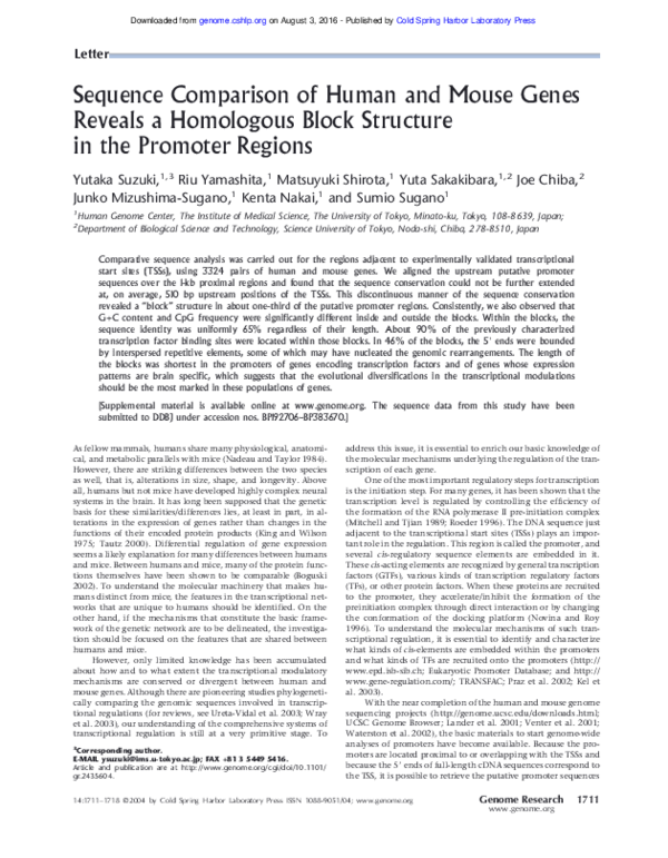 (PDF) Sequence Comparison of Human and Mouse Genes Reveals a Homologous ...
