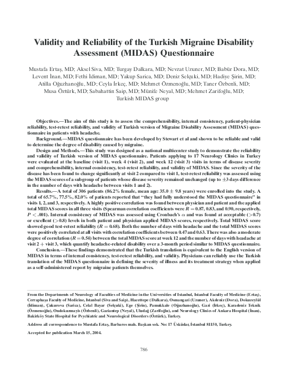 (PDF) Validity and Reliability of the Turkish Migraine Disability ...