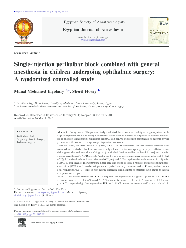 (PDF) Single-injection peribulbar block combined with general ...
