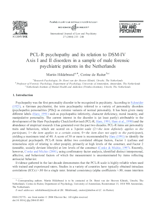 (PDF) PCL-R psychopathy and its relation to DSM-IV Axis I and II ...
