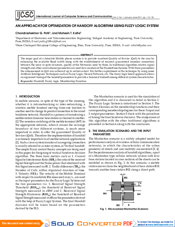Pdf An Approach For Optimization Of Handoff Algorithm Using Fuzzy