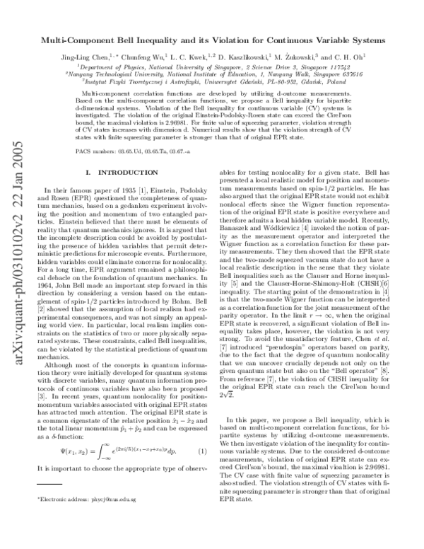 (PDF) Multicomponent Bell inequality and its violation for continuous-variable systems