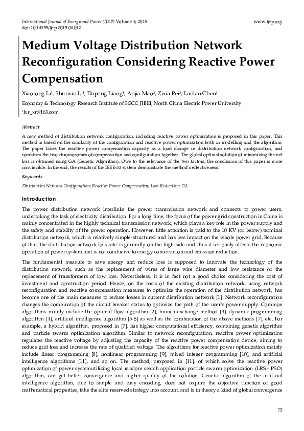 (PDF) Medium Voltage Distribution Network Reconfiguration Considering Reactive Power Compensation