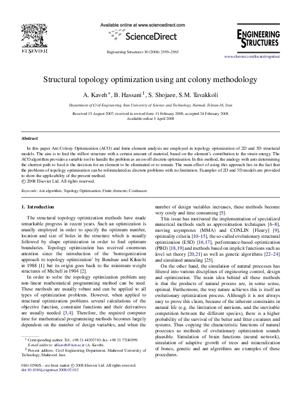 (PDF) Structural topology optimization using ant colony methodology (PDF) Structural topology optimization using ant colony methodology