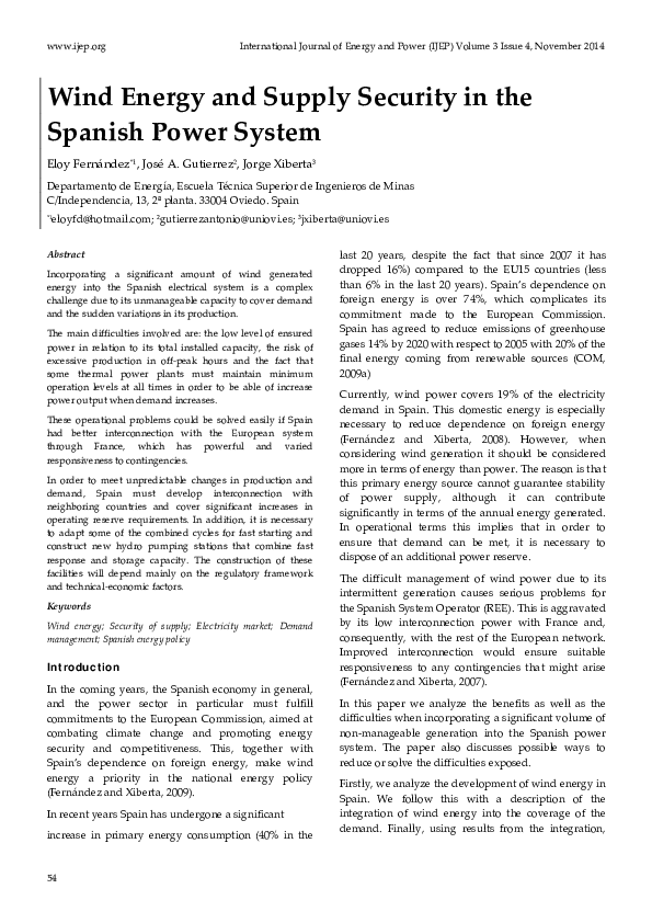 (PDF) Wind Energy and Supply Security in the Spanish Power System