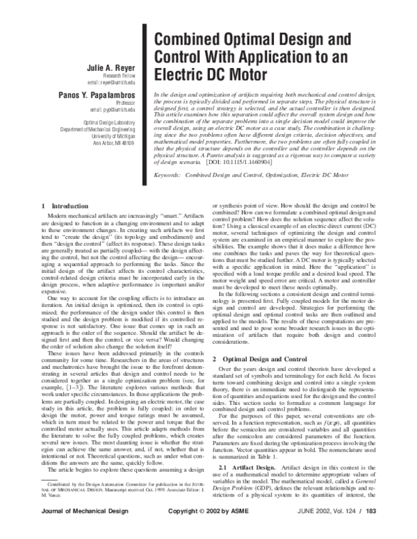 (PDF) Combined Optimal Design and Control With Application to an ...