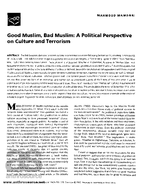 (PDF) Good Muslim, Bad Muslim: A Political Perspective on Culture and ...