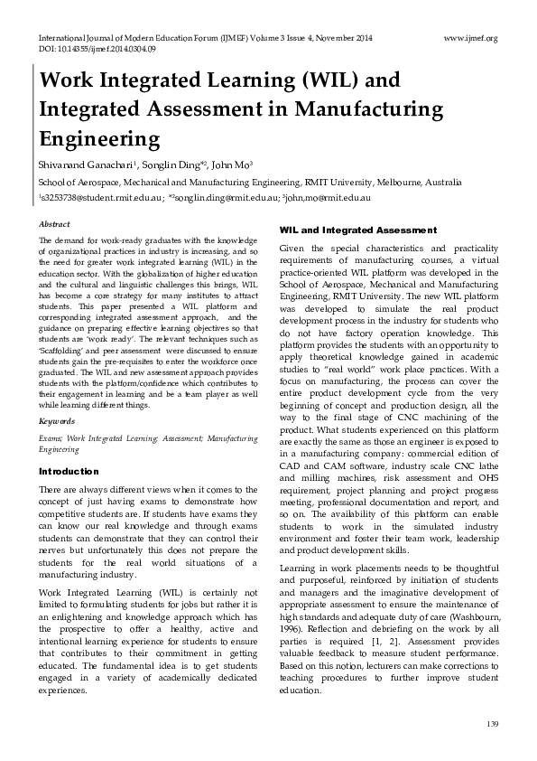 (PDF) Work Integrated Learning (WIL) and Integrated Assessment in ...